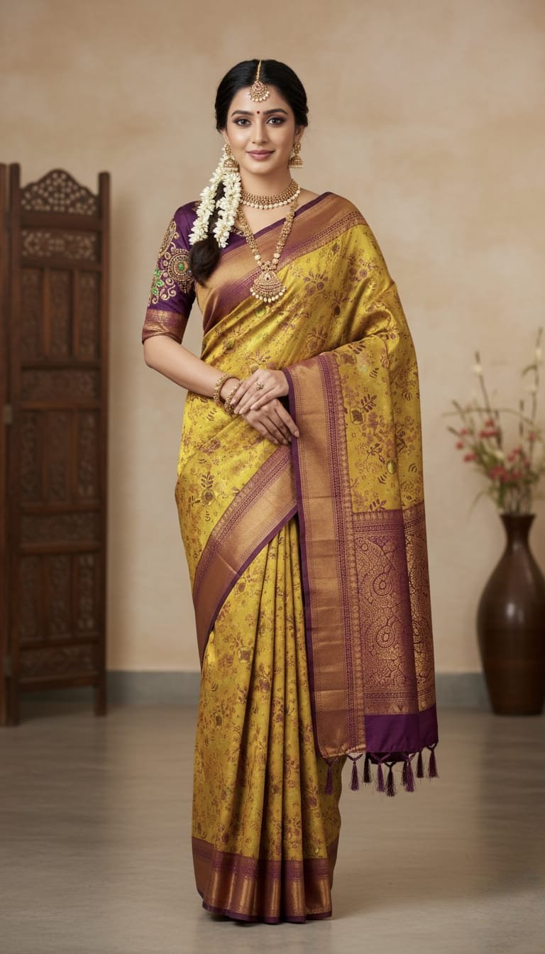 💜 Regal Mustard Yellow and Purple Kanjivaram Saree - ksmfashions.com