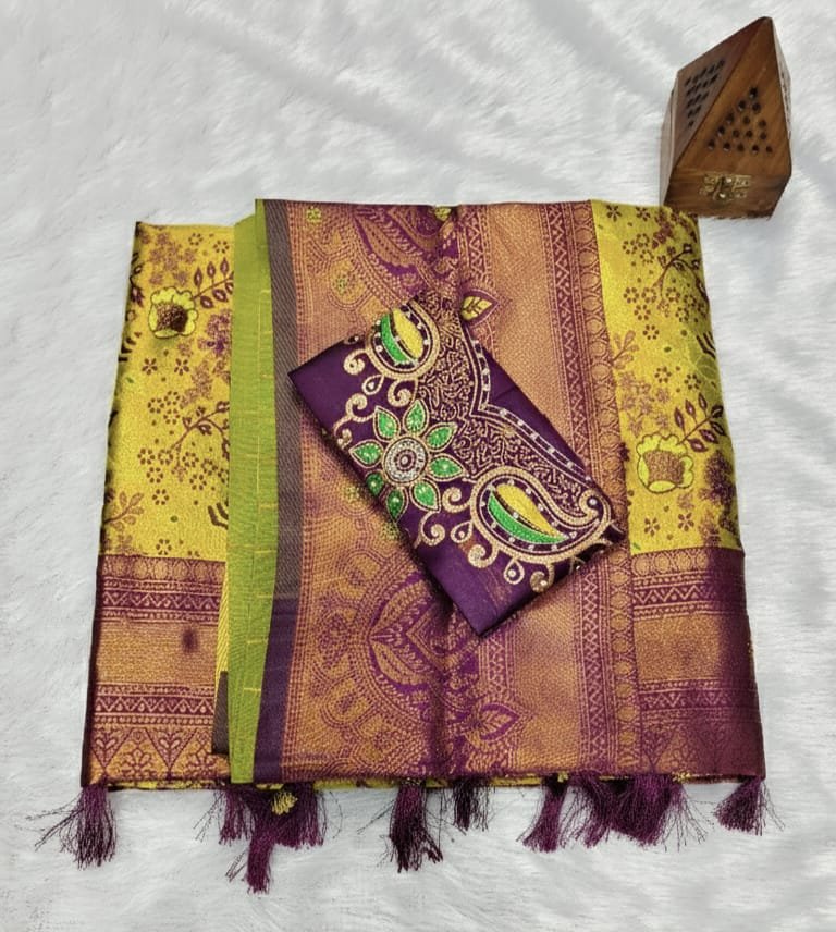 💜 Regal Mustard Yellow and Purple Kanjivaram Saree - ksmfashions.com